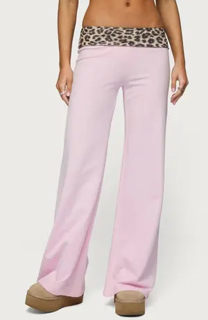 EDIKTED Leopard Print Foldover Waist Wide Leg Pants - Pink
