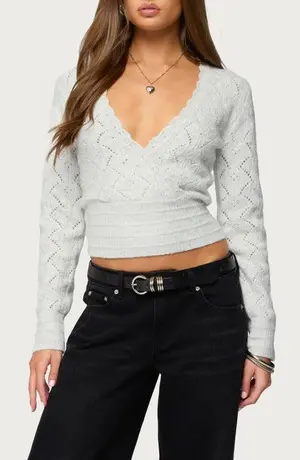 EDIKTED Pointelle V-neck Crop Sweater