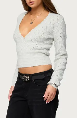 EDIKTED Pointelle V-neck Crop Sweater