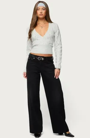 EDIKTED Pointelle V-neck Crop Sweater