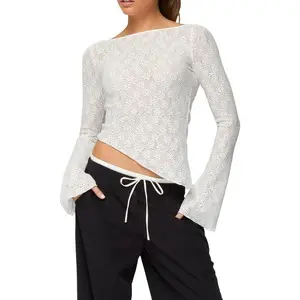 EDIKTED Mare Asymmetric Sheer Lace Top - White