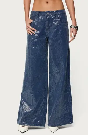 EDIKTED Mirella Sequin Wide Leg Jeans