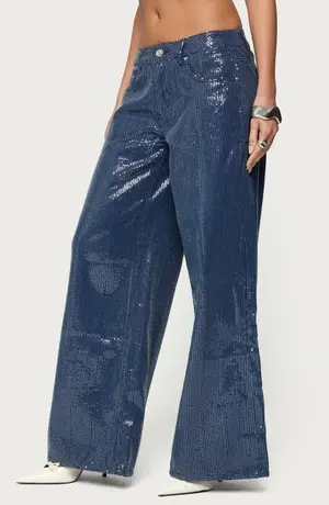 EDIKTED Mirella Sequin Wide Leg Jeans