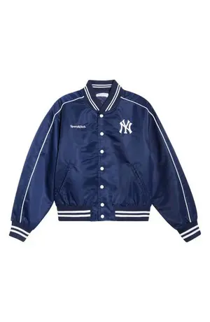 SPORTY & RICH New York Yankees Curve Nylon Varsity Jacket - Dark Navy/white