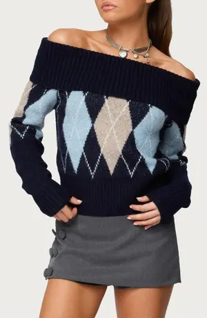 EDIKTED Jakarie Argyle Off The Shoulder Sweater - Navy