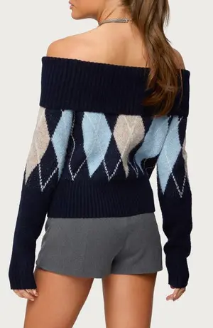 EDIKTED Jakarie Argyle Off The Shoulder Sweater