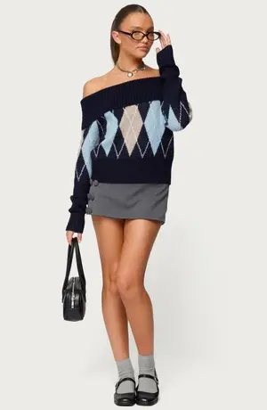 EDIKTED Jakarie Argyle Off The Shoulder Sweater