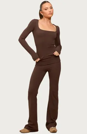 EDIKTED Oriane Foldover Flare Leggings - Brown