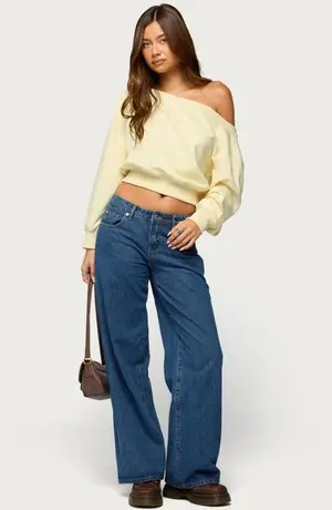 EDIKTED Cotton Blend Off The Shoulder Sweatshirt - Yellow