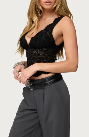 EDIKTED Araura Velvet Floral Sheer Crop Tank - Black