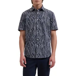 Bugatchi Miles Ooohcotton® Palm Leaf Print Short Sleeve Button-up Shirt - Navy