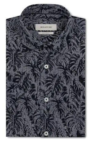 Bugatchi Miles Ooohcotton® Palm Leaf Print Short Sleeve Button-up Shirt - Navy