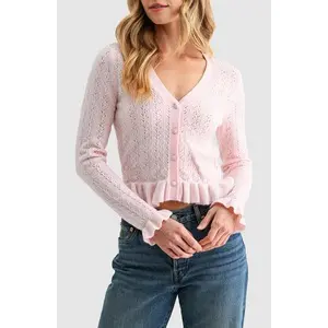 ALL IN FAVOR Pointelle Ruffle Hem Crop Cardigan - Light Blush