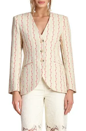 Avec Les Filles Floral Brocade Cotton Blazer - Rose Stripe Multi