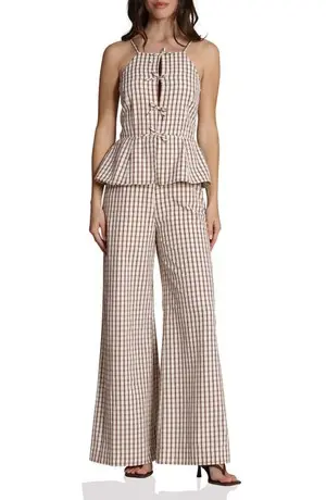 Avec Les Filles Check Bow-tie Front Peplum Jumpsuit - Cream And Brown