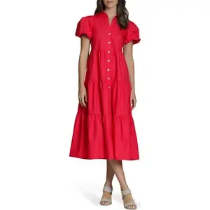 APNY Puff Sleeve Tiered Midi Dress - Red