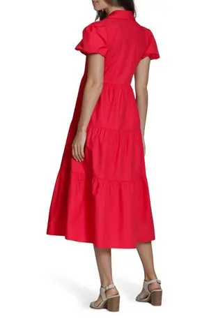 APNY Puff Sleeve Tiered Midi Dress - Red