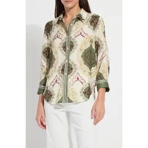 Lyssé Ishani Scarf Print Button-up Satin Shirt - Placed Artful Scarf
