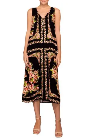 MELLODAY Sleeveless Shift Midi Dress - Black Floral