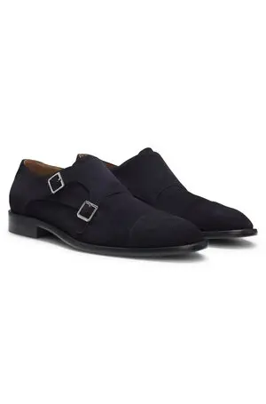 BOSS Monk Shoes In Suede With Double Strap - Dark Blue