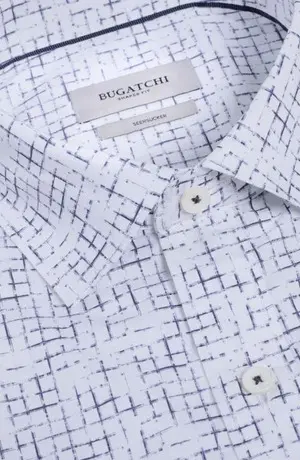 Bugatchi Axel Shaped Fit Crosshatch Print Cotton Button-up Shirt - Navy