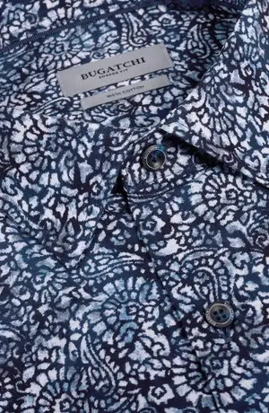 Bugatchi Julian Shaped Fit Abstract Paisley Print Cotton Button-up Shirt - Navy