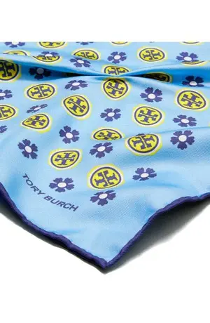 Tory Burch Silk Triangle Scarf - Blue Floral Monogram
