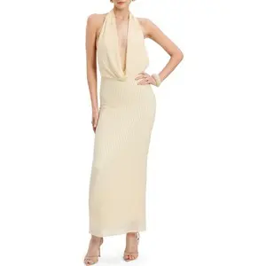 Bardot Nola Beaded Sequin Cowl Halter Maxi Dress - Buttercup