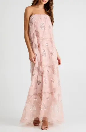 HELSI Margot Bead & Appliqué Strapless Mesh Gown - Pink Pearl