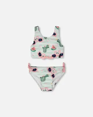 DEUX PAR DEUX Flamingo And Cactus Print Two-piece Swimsuit - Blue Flamingo And Cactus Print