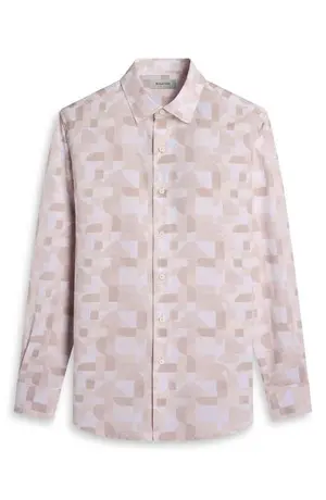 Bugatchi Julian Shaped Fit Abstract Geometric Print Cotton & Linen Button-up Shirt - Desert