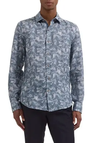 Bugatchi Julian Shaped Fit Abstract Leaf Print Linen Button-up Shirt - Ether