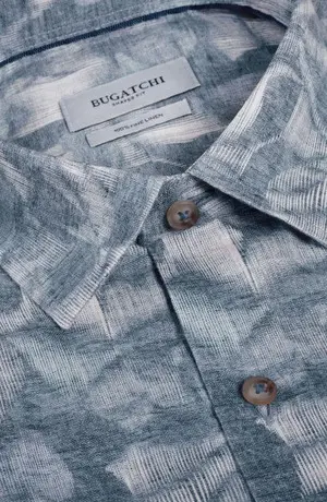 Bugatchi Julian Shaped Fit Abstract Leaf Print Linen Button-up Shirt - Ether