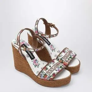 Dolce & Gabbana Wedge Sandals With Floral Embroidery And Logo Detail - White