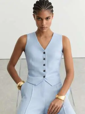 REISS Magda Button-through Tailored Waistcoat - Blue