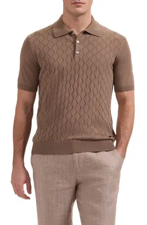 Bugatchi Wave Stitch Cotton Knit Polo - Taupe