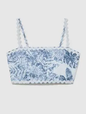 REISS Mila Linen Wave-trim Cropped Cami Top - Blue