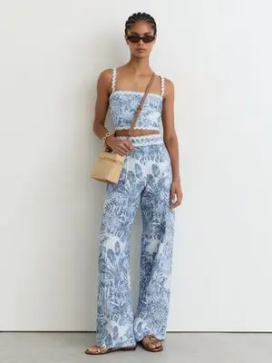 REISS Mila Linen Wave-trim Cropped Cami Top - Blue