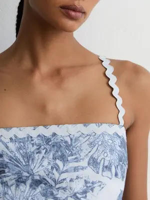 REISS Mila Linen Wave-trim Cropped Cami Top - Blue