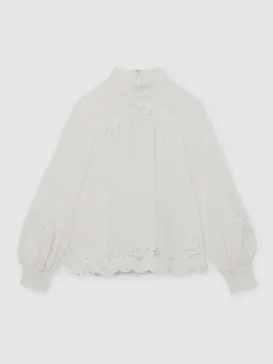 REISS Rae Broderie Blouson-sleeve Blouse