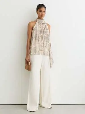 REISS Floral-print Scarf-neck Top