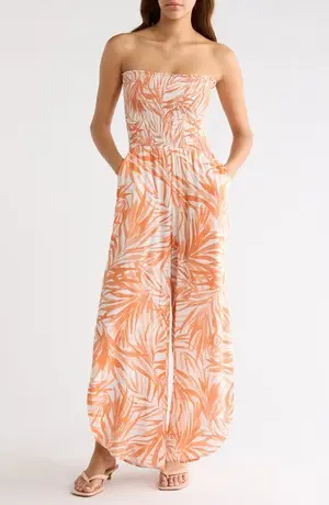 Elan Strapless Smocked Bodice Cover-up Jumpsuit - Sunset Bali