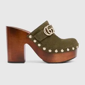 Gucci Platform Clog With Double G Suede - Green