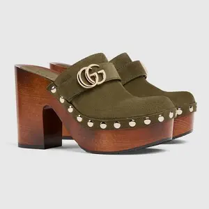 Gucci Platform Clog With Double G Suede - Green