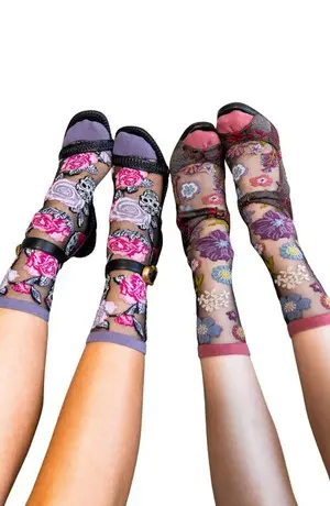 SOCK CANDY Midnight Blooms Sheer Crew Socks
