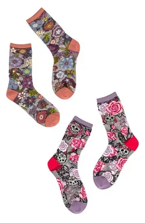 SOCK CANDY Midnight Blooms Sheer Crew Socks - Black