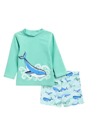 LITTLE ME Whale Long Sleeve Upf 50+ Two-piece Rashguard Swimsuit - Blue/green Multi