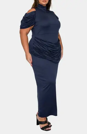 L I V D Seraphina Cold Shoulder Ruched Maxi Dress - Navy