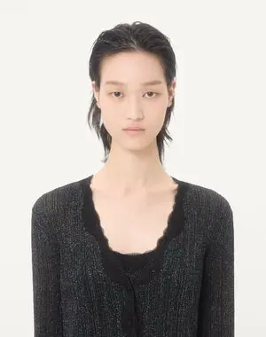 Valentino Garavani Lurex Knit Cardigan With Lace Trim - Black/silver