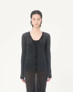 Valentino Garavani Lurex Knit Cardigan With Lace Trim - Black/silver
